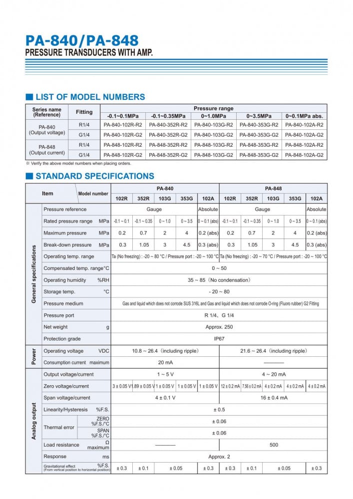 Nidec PA-840 pressure sensor technical document page 2