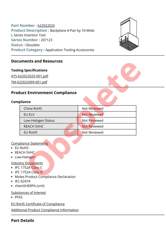 Tooling specification document preview for Molex 622022025