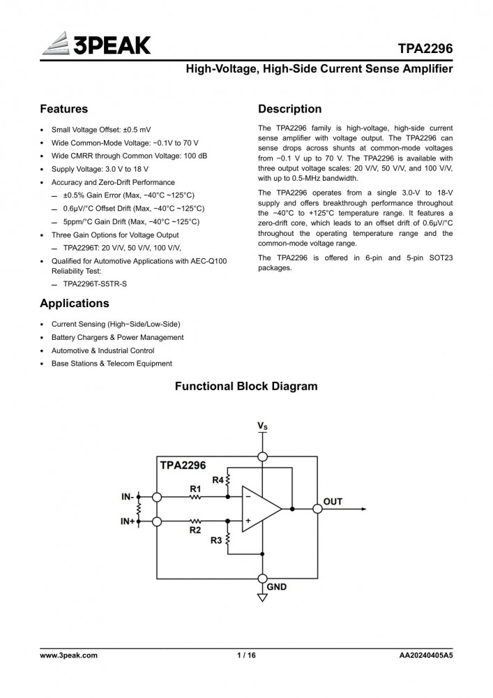 TPA2296 datasheet page 1