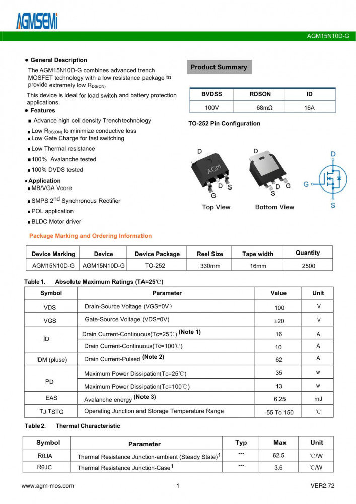 AGM15N10D-G datasheet page 1