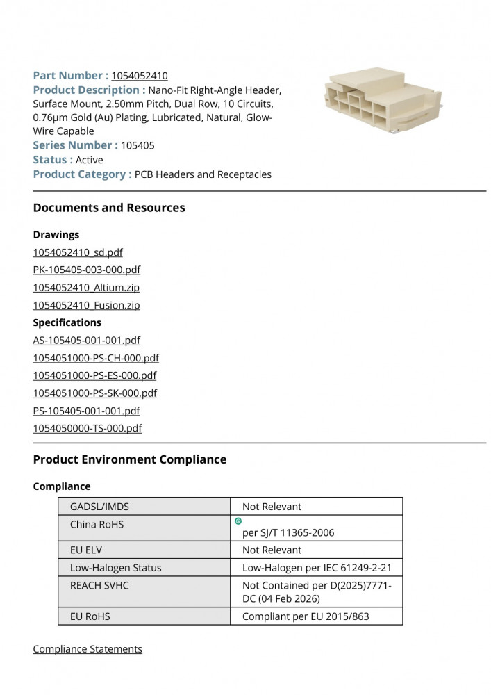 MOLEX Nano-Fit product specification page 1