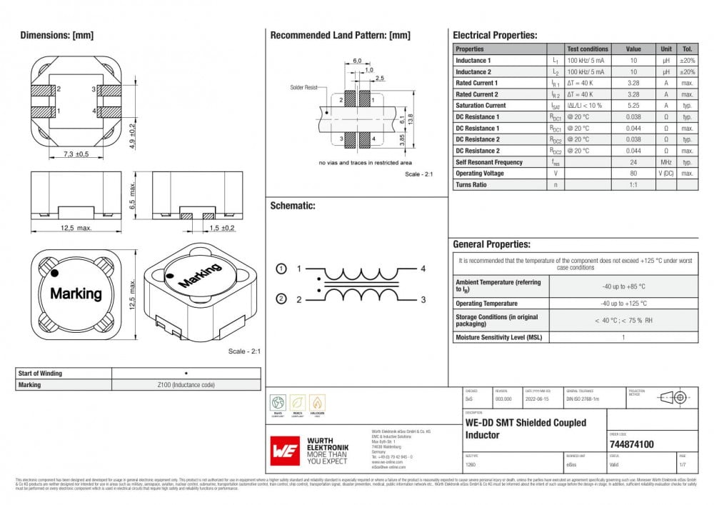 744874100 datasheet page 1: dimensions and electrical properties