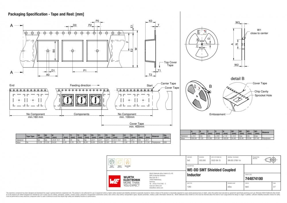 744874100 datasheet page 3: tape and reel specification