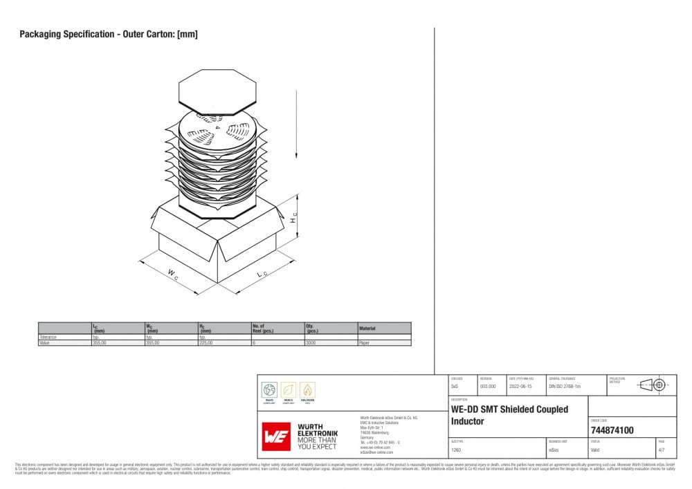 744874100 datasheet page 4: outer carton packaging