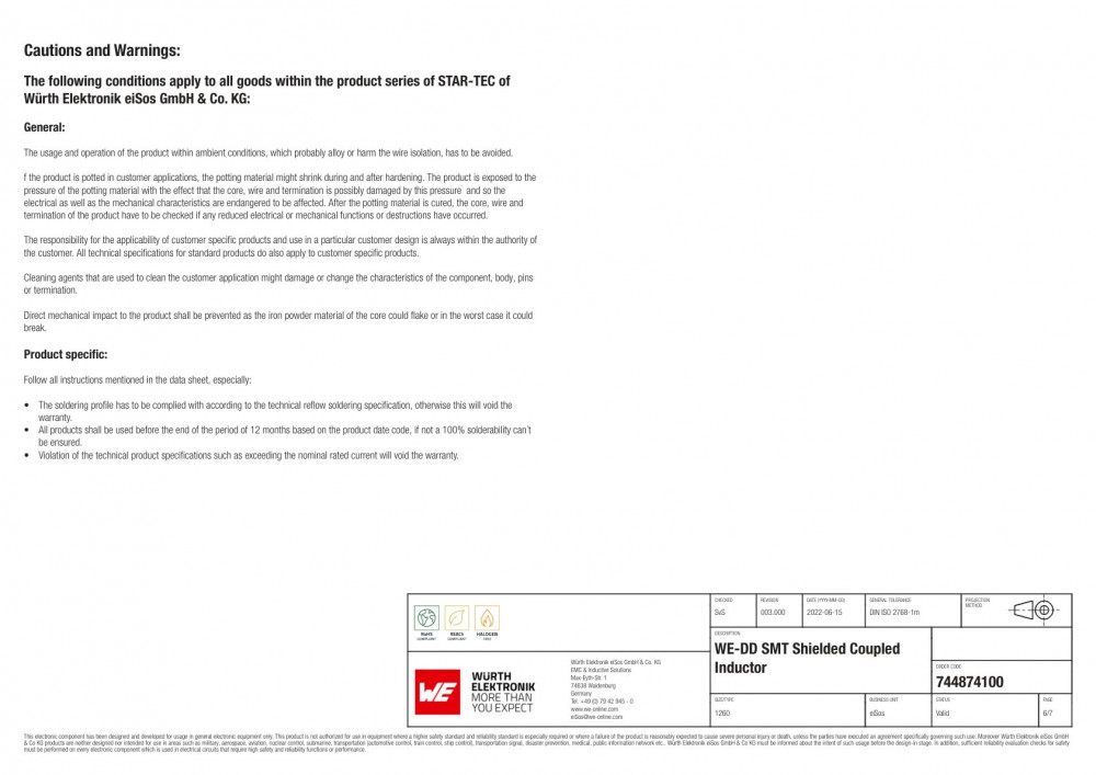 744874100 datasheet page 6: cautions and warnings