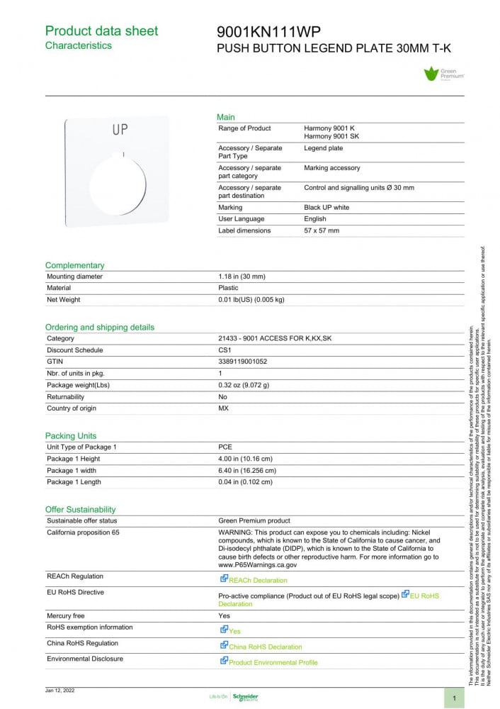 9001KN111WP technical document page 1