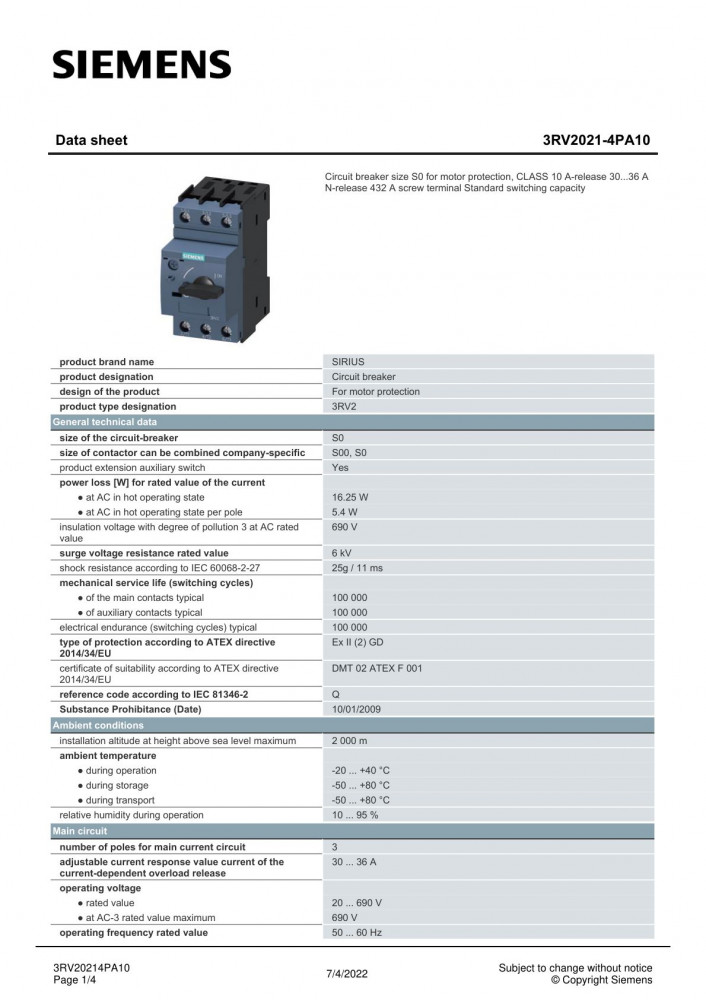 3RV20214PA10 datasheet page 1