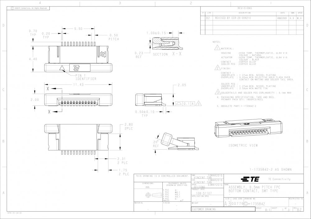 TE Connectivity 1-1735842-2 controlled drawing page 1
