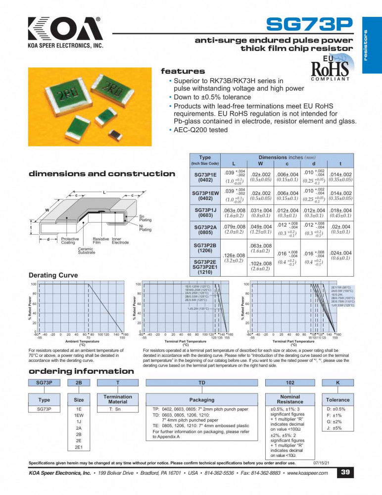 KOA SG73P series datasheet page 1