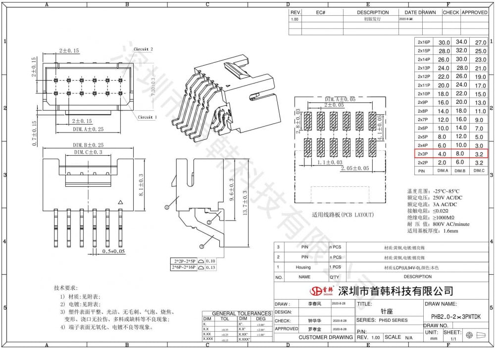PHB2.0-2x3PWTDK specification page 1