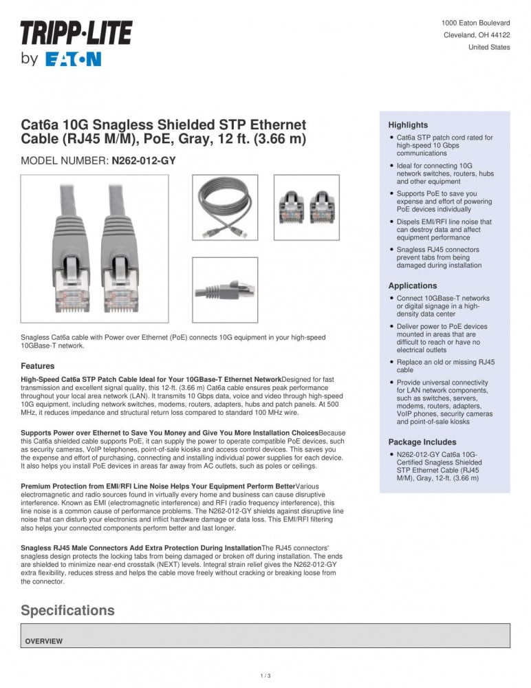 EATON N262-012-GY technical document page 1