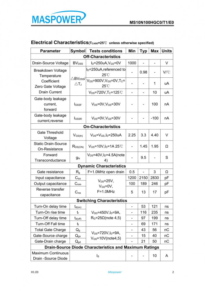 MS10N100HGT1 datasheet page 2