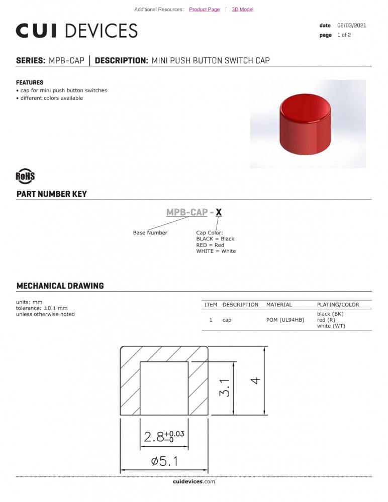 CUI MPB-CAP product documentation page 1