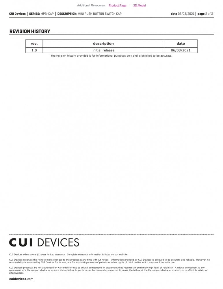 CUI MPB-CAP product documentation page 2
