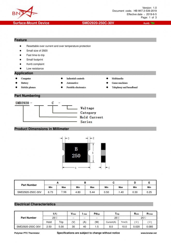 BNstar SMD2920-250C-30V datasheet page 1