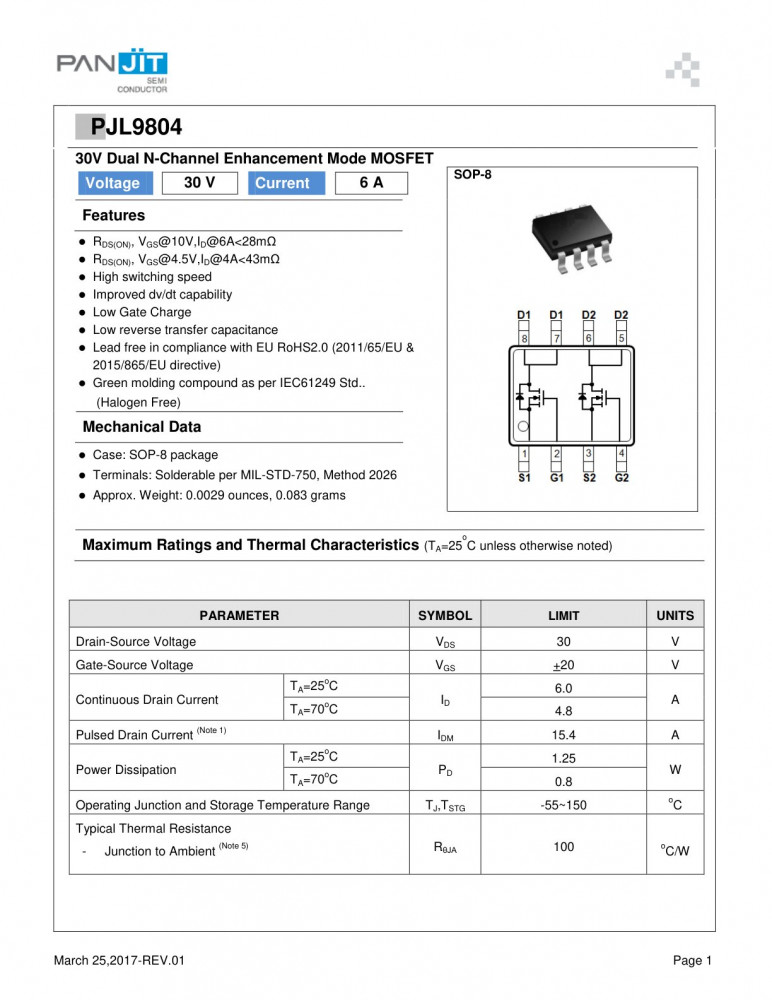 PJL9804 datasheet page 1