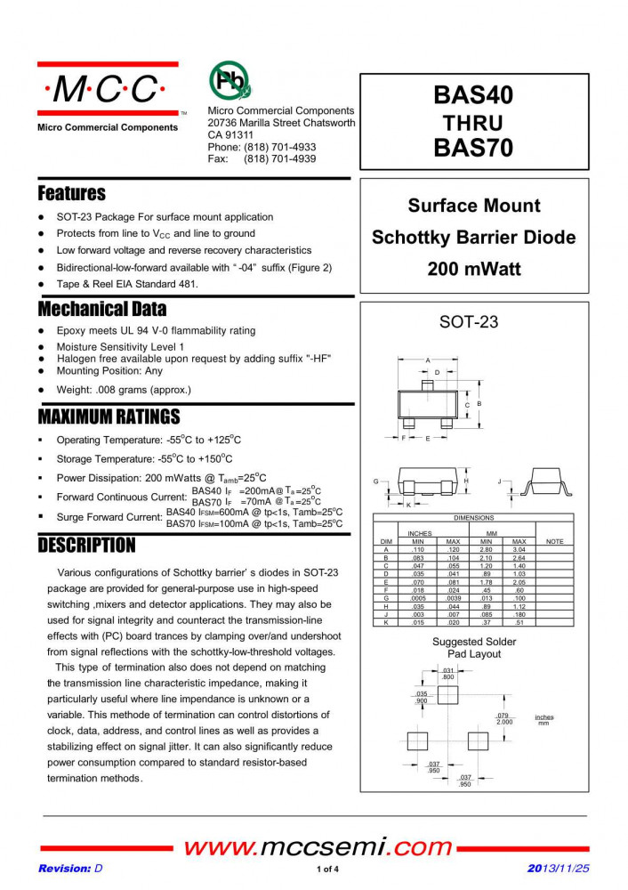 MCC BAS70 datasheet page 1