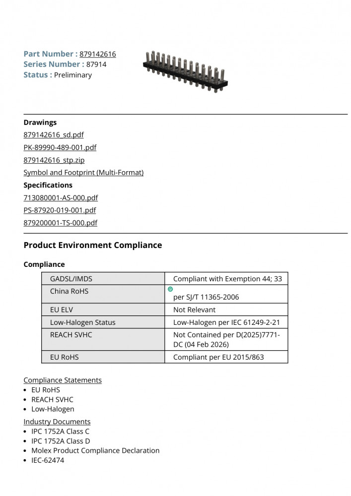 MOLEX 879142616 product document image, page 1