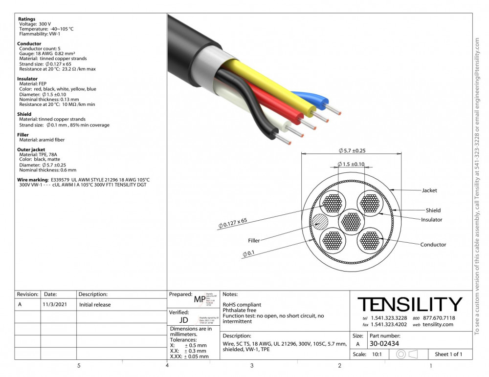 Tensility International 30-02434 product drawing and cable construction specification