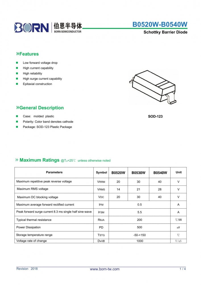 BORN B0520W datasheet page 1