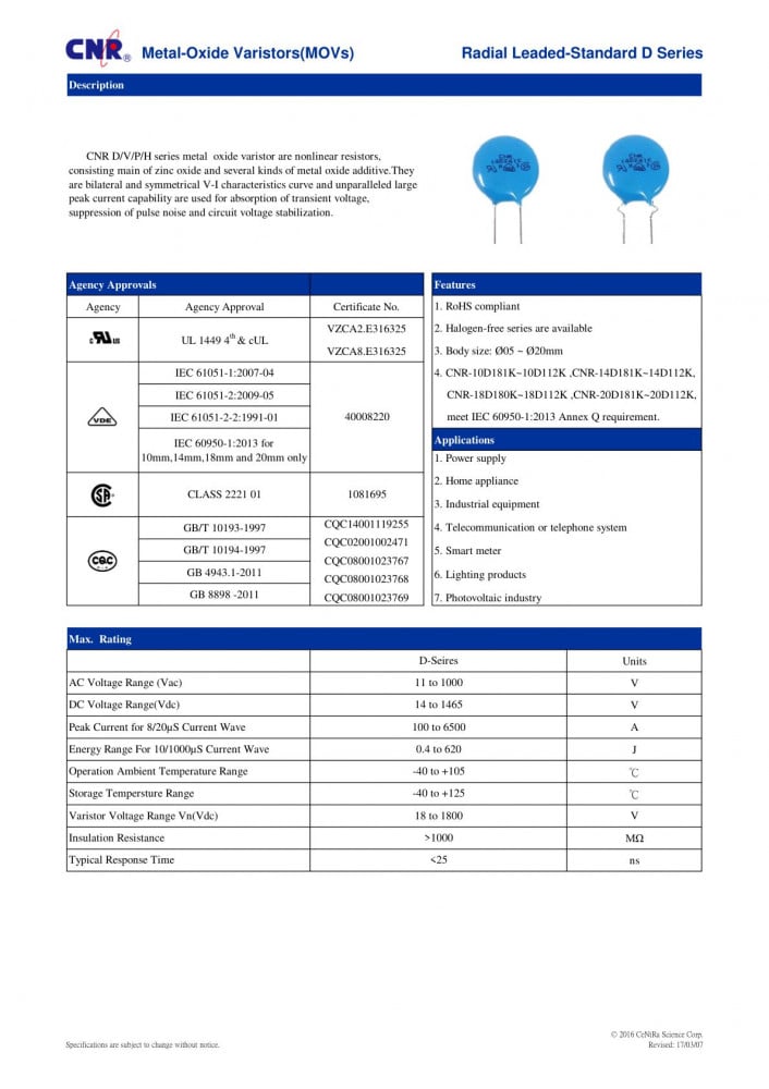 CNR varistor datasheet page 1