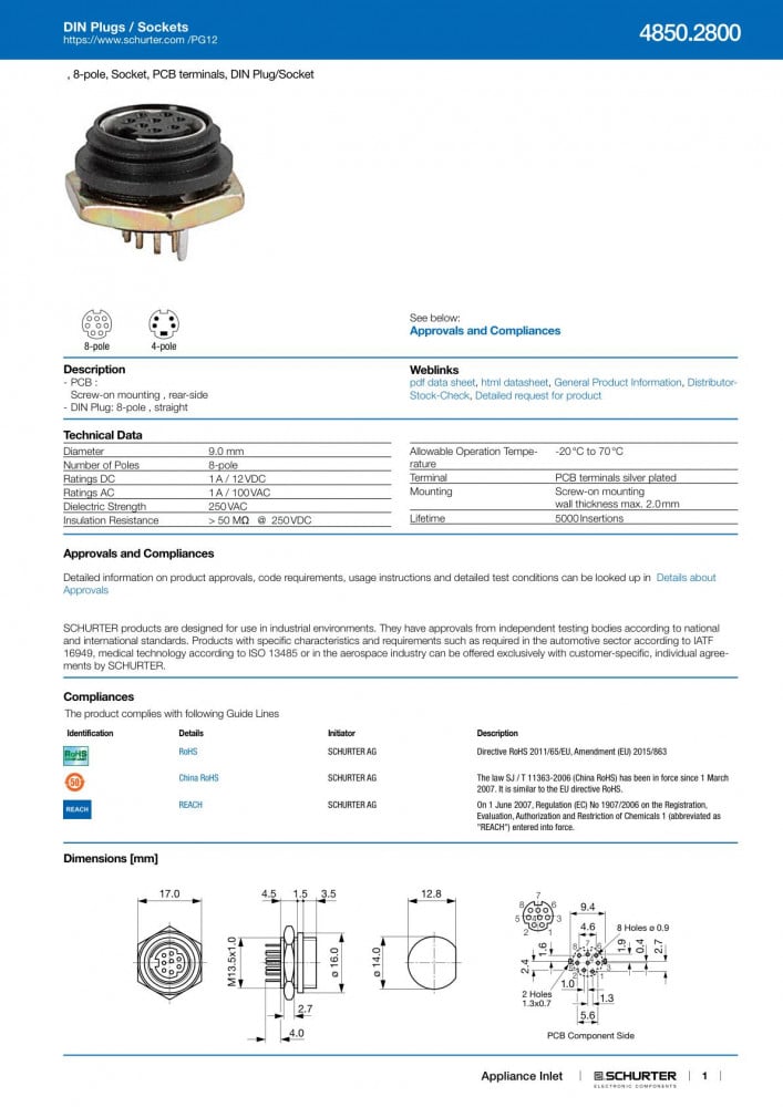 SCHURTER 4850.2800 product specification page