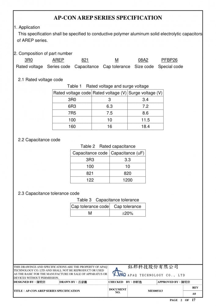 APAQ AREP specification page 2