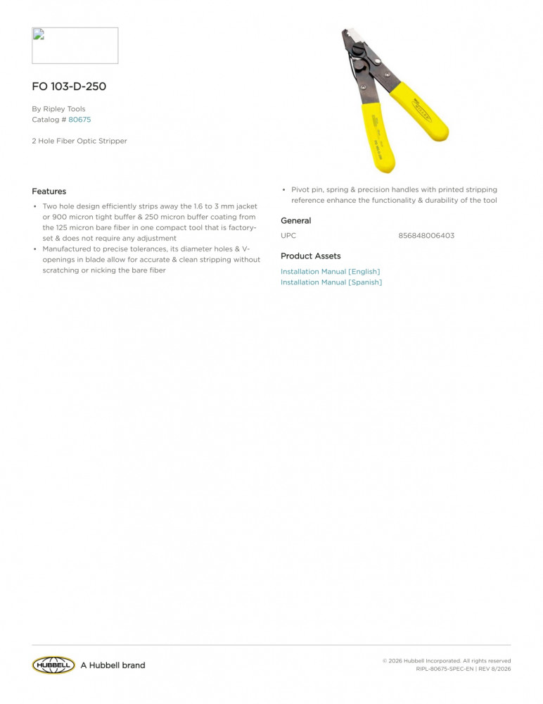 Technical document image for Burndy catalog 80675 FO 103-D-250