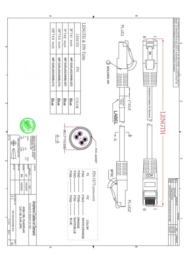 Amphenol MP-5XRJ45UNNB-015 technical drawing page 1
