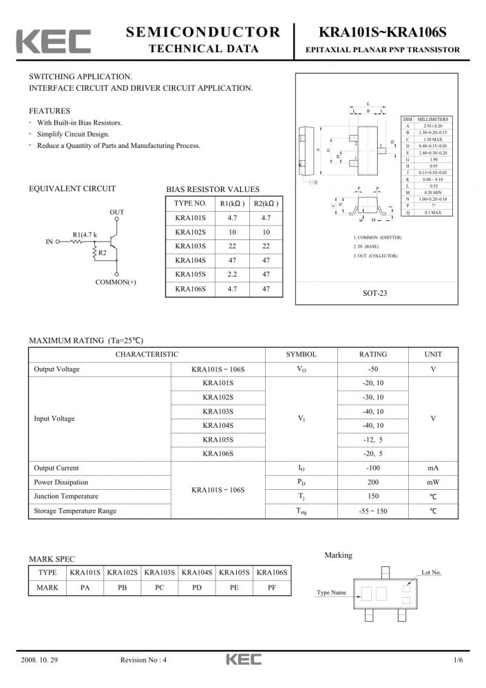KEC KRA102S-RTK/P datasheet page 1