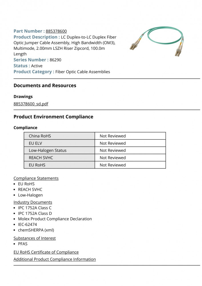 MOLEX 885378600 product drawing, page 1