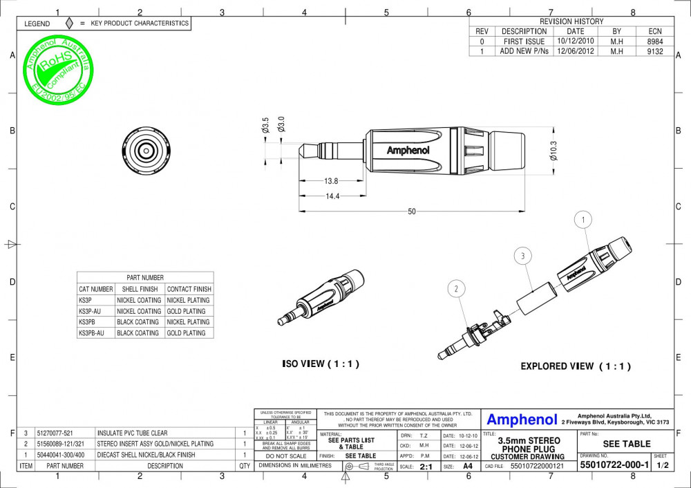 Amphenol KS3PB BULK technical drawing page