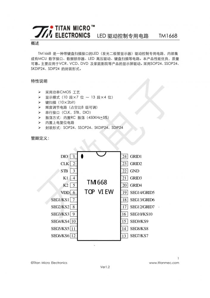 TM1668 datasheet page 1
