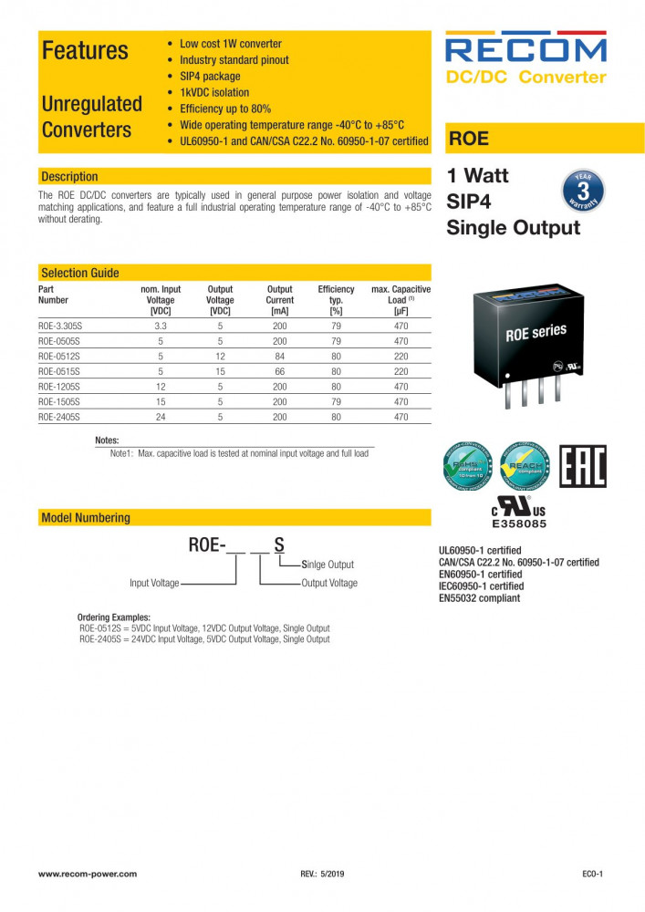 ROE-0505S technical document page 1
