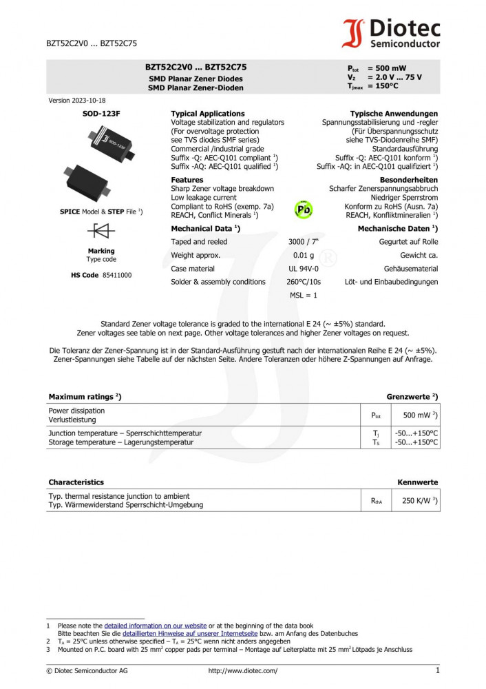 DIOTEC BZT52C11 datasheet page 1