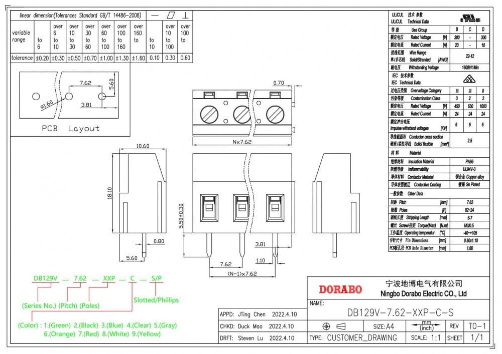 DORABO DB129V-7.62-4P-GN-S technical document page