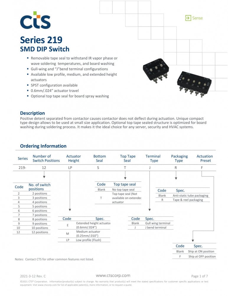 CTS 219 Series datasheet page 1