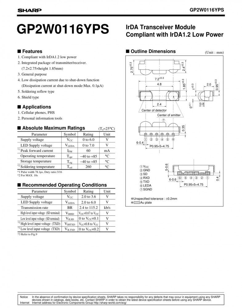 GP2W0116YPS datasheet page 1