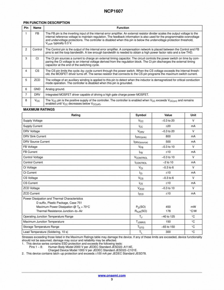NCP1607 technical document, page 3