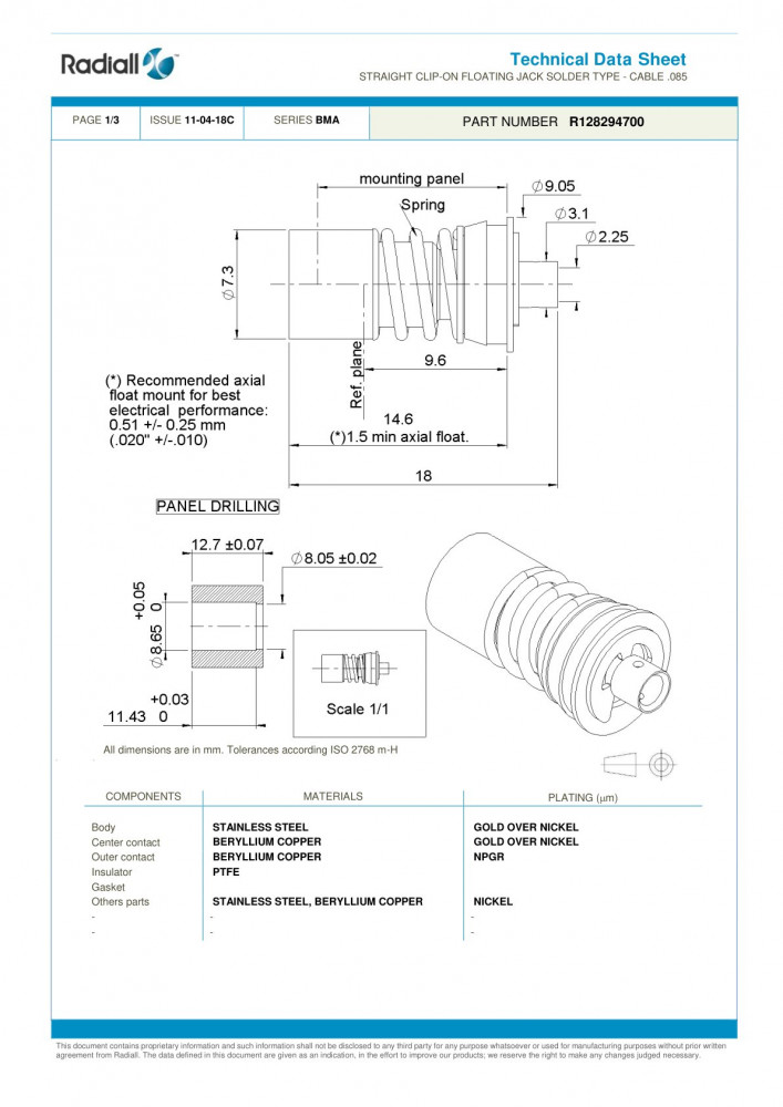 Radiall R128294700 datasheet page 1: panel drilling and materials