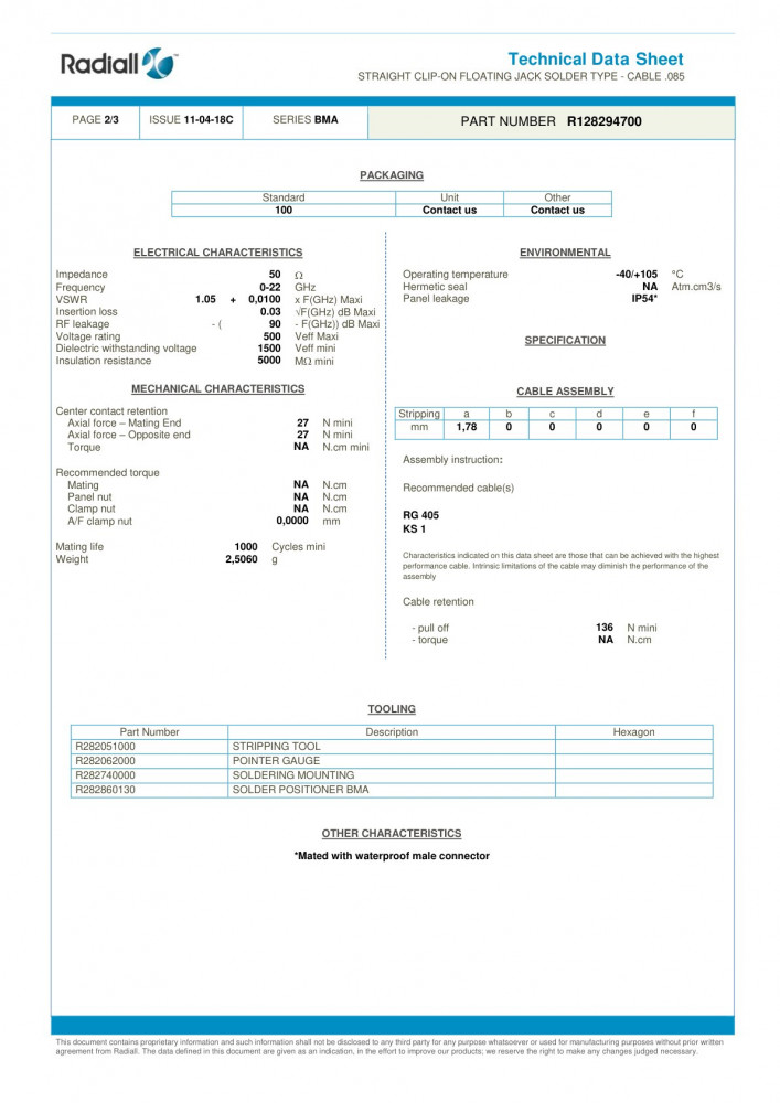 Radiall R128294700 datasheet page 2: electrical, mechanical, environmental and assembly data