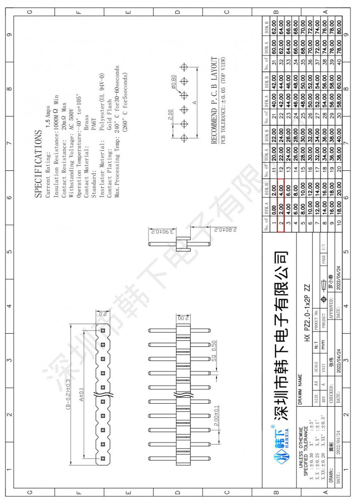 HX PZ2.0-1x2P ZZ technical document page 1