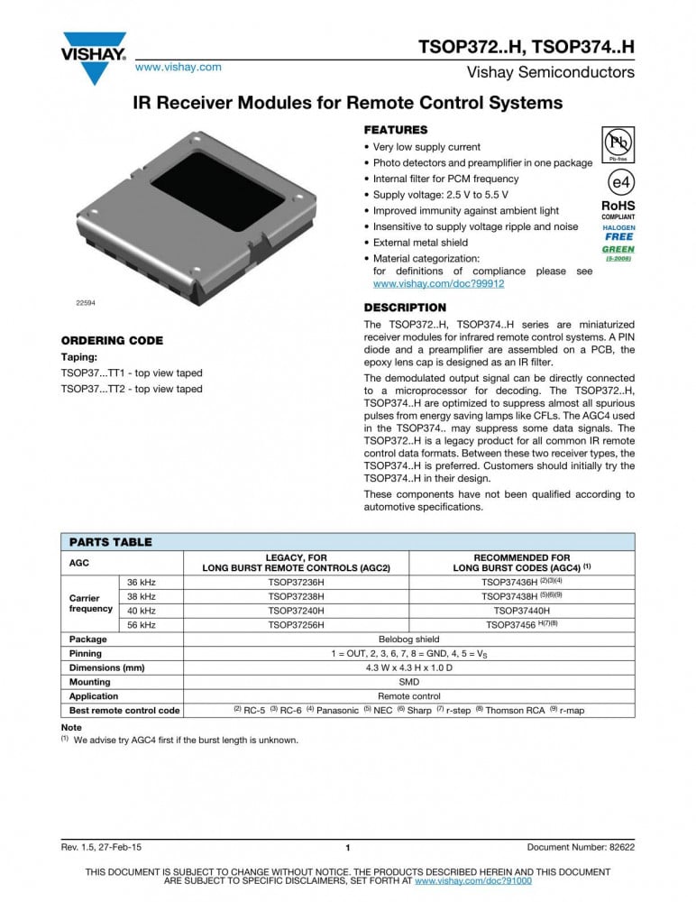TSOP37438HTT1 datasheet page 1