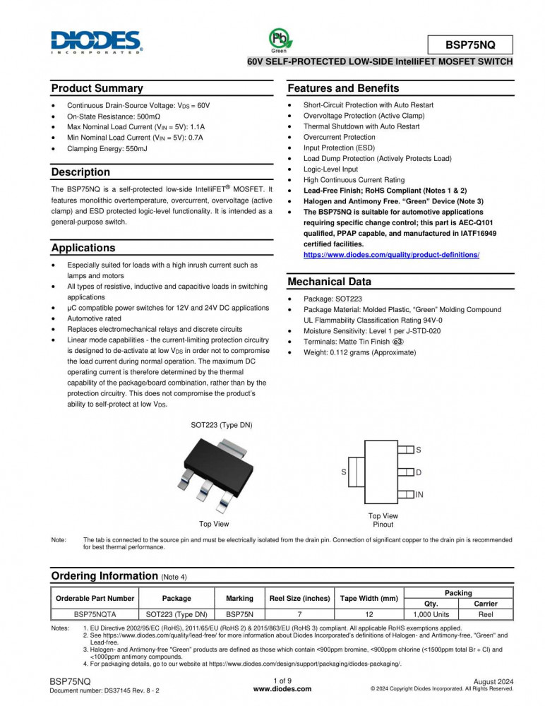 BSP75NQTA datasheet page 1