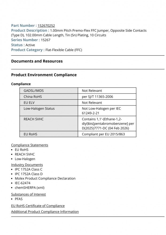 MOLEX FFC family specification page 1