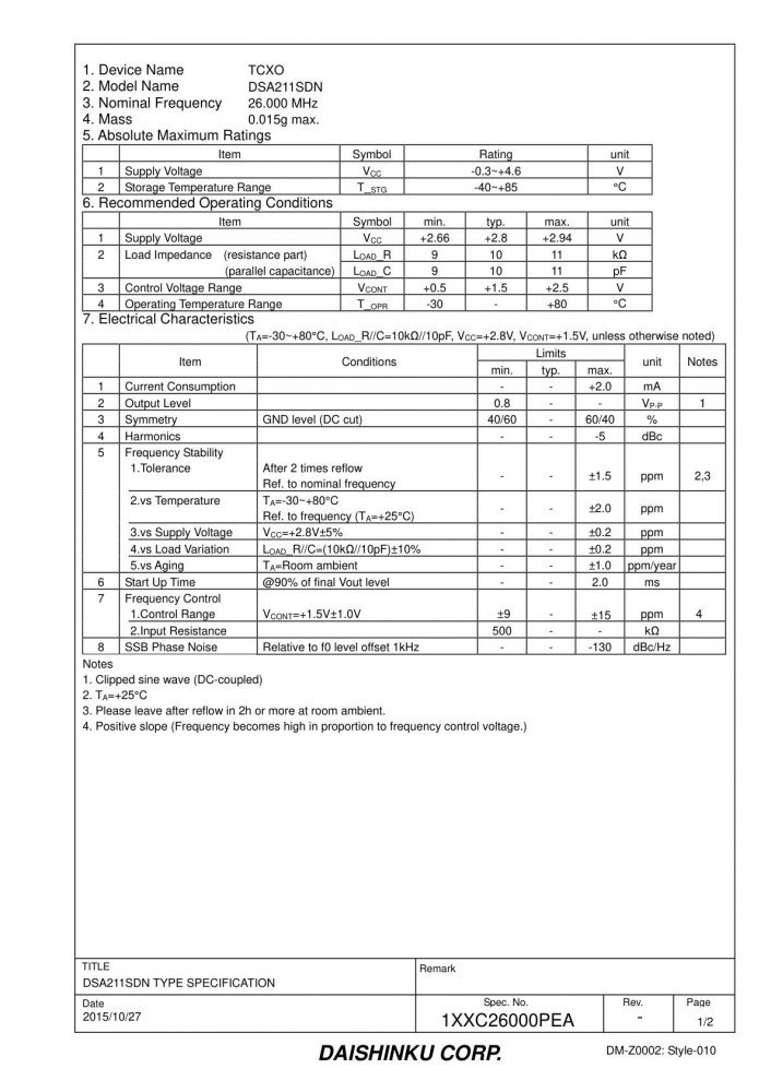 KDS DSA211SDN3 specification sheet page 1