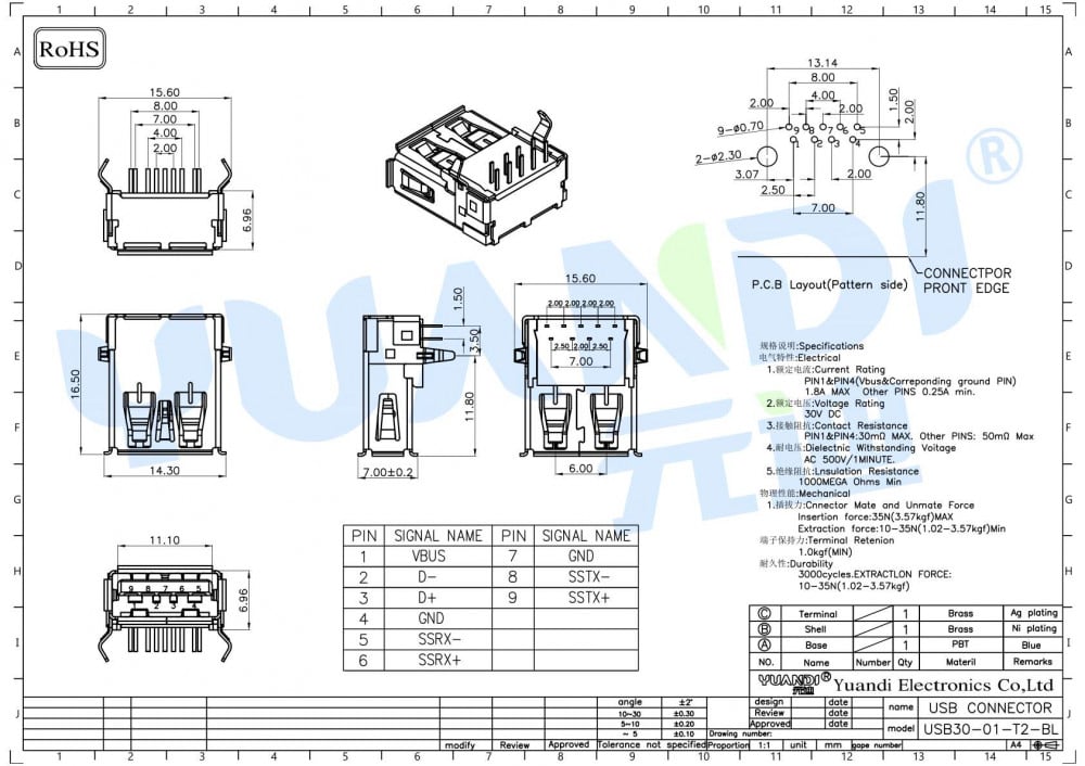 Yuandi USB30-01-T2-BL technical drawing
