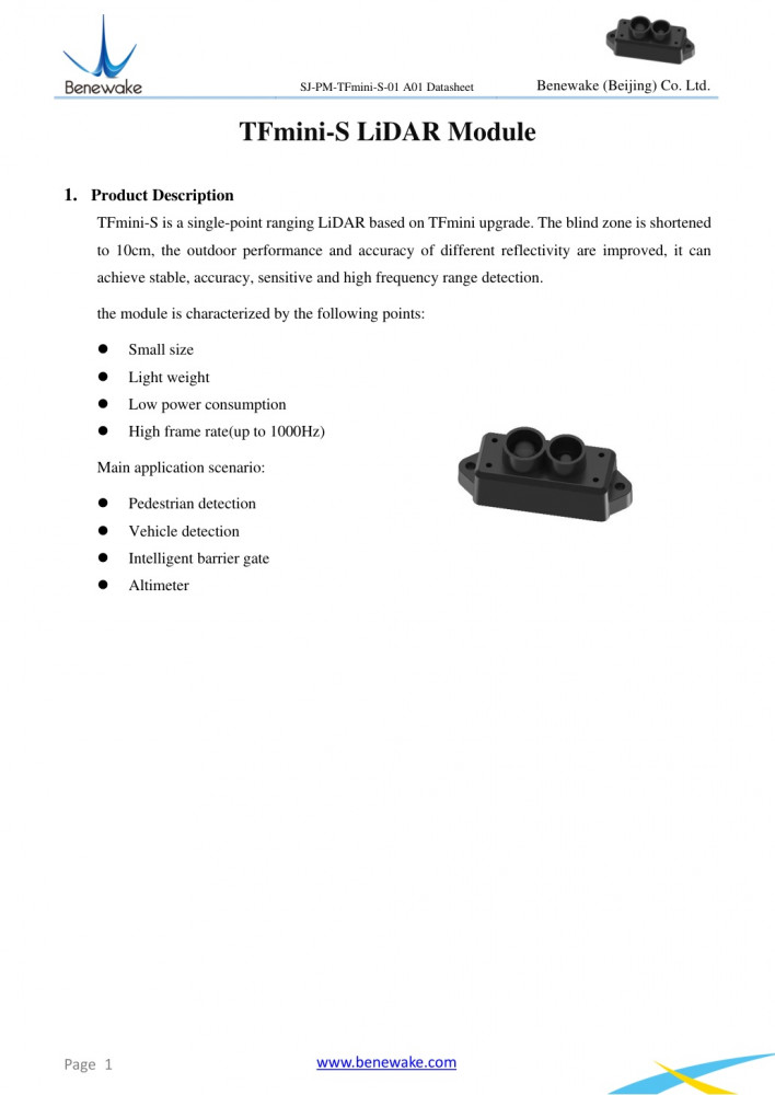 TFmini-S technical document page 1