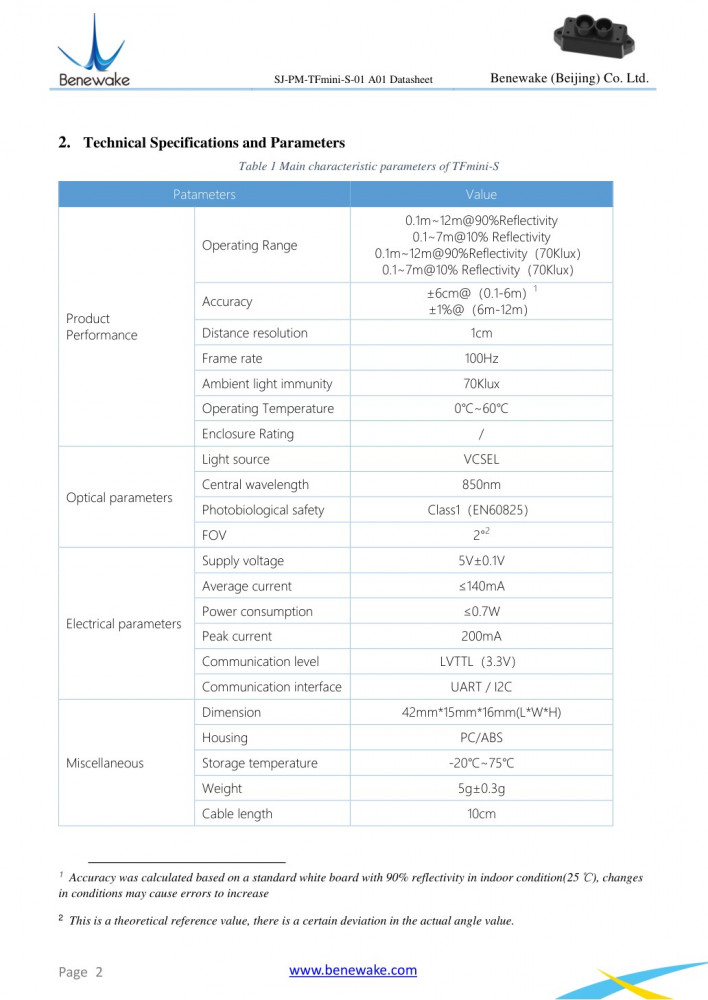 TFmini-S technical document page 2