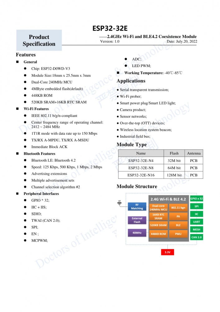 ESP32-32E-N4 datasheet page 1